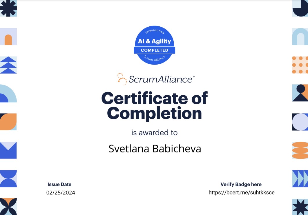 Completed a Free Course from Scrum Alliance AI & Agility – Svetlana ...